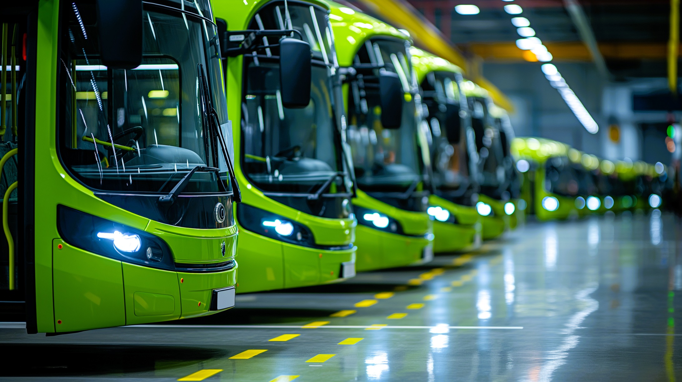 Electric Bus Fleet - A line of electric buses at a depot, demonstrating ...